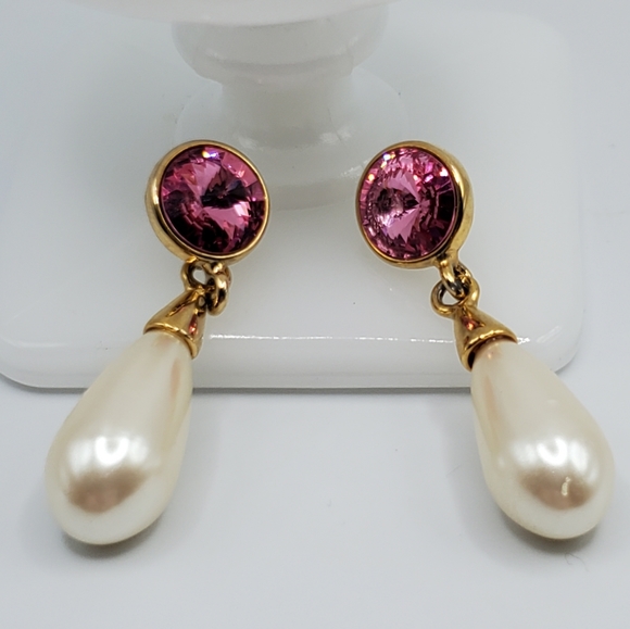Vintage | Jewelry | Vintage Earrings Pearl Drop Pink Crystal Rivoli ...